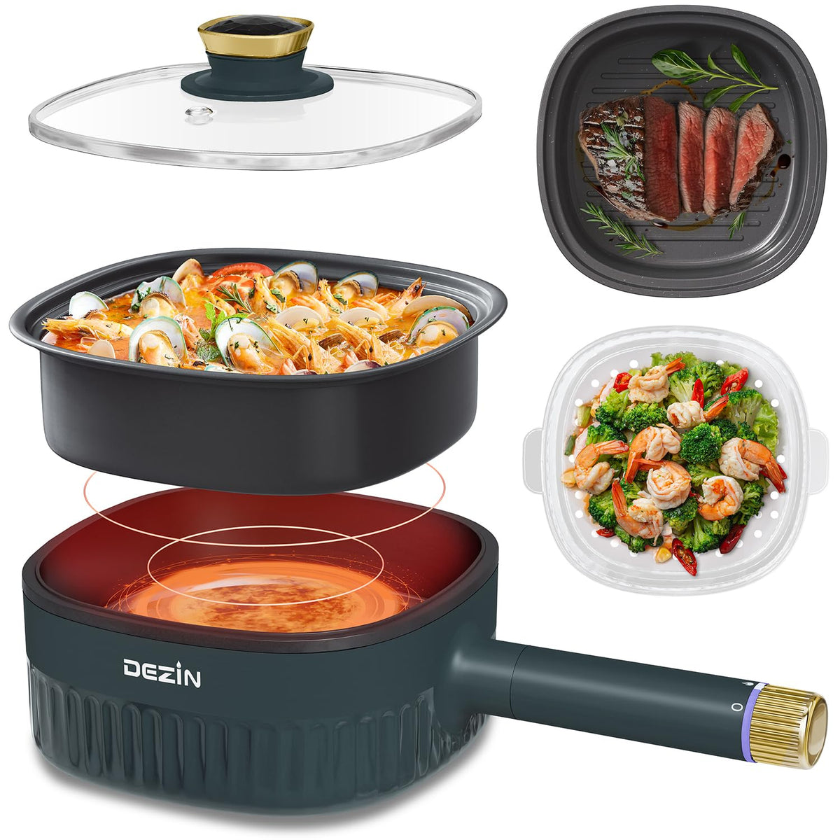DEZIN 3L electric hot pot, non-stick pan, 2L baking pan and 2.5L steam ...